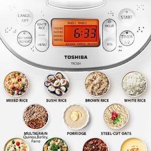 Toshiba Rice Cooker 6 Cup Uncooked – Japanese Rice Cooker with Fuzzy Logic Technology, 7 Cooking Functions, Digital Display, 2 Delay Timers and Auto Keep Warm, Non-Stick Inner Pot, White