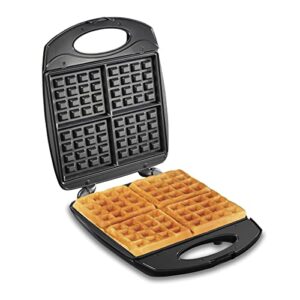 hamilton beach non-stick belgian waffle maker with indicator lights, makes 4 4" x 5" mini waffles, hashbrowns or keto chaffles at once, compact design for easy storage, black & stainless steel (26020)