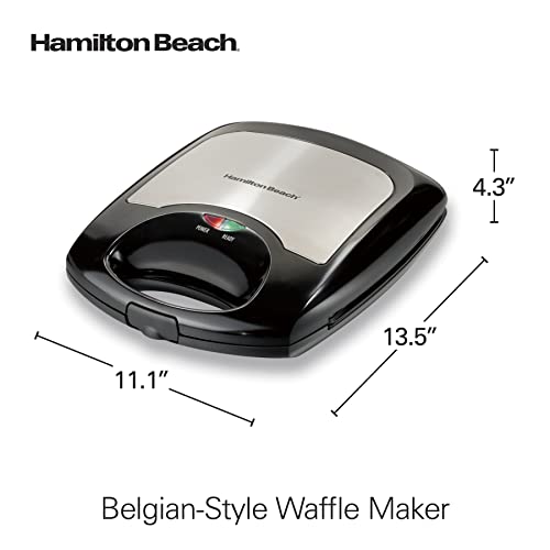 Hamilton Beach Non-Stick Belgian Waffle Maker with Indicator Lights, Makes 4 4" x 5" Mini Waffles, Hashbrowns or Keto Chaffles at Once, Compact Design for Easy Storage, Black & Stainless Steel (26020)