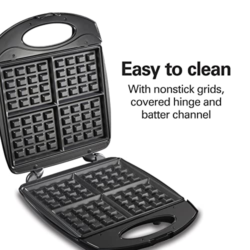 Hamilton Beach Non-Stick Belgian Waffle Maker with Indicator Lights, Makes 4 4" x 5" Mini Waffles, Hashbrowns or Keto Chaffles at Once, Compact Design for Easy Storage, Black & Stainless Steel (26020)