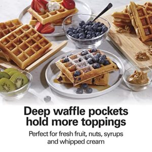 Hamilton Beach Non-Stick Belgian Waffle Maker with Indicator Lights, Makes 4 4" x 5" Mini Waffles, Hashbrowns or Keto Chaffles at Once, Compact Design for Easy Storage, Black & Stainless Steel (26020)