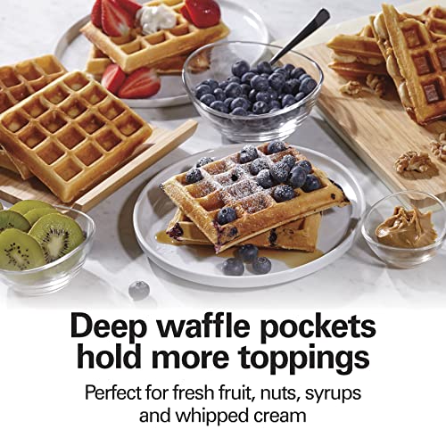 Hamilton Beach Non-Stick Belgian Waffle Maker with Indicator Lights, Makes 4 4" x 5" Mini Waffles, Hashbrowns or Keto Chaffles at Once, Compact Design for Easy Storage, Black & Stainless Steel (26020)