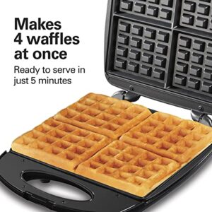 Hamilton Beach Non-Stick Belgian Waffle Maker with Indicator Lights, Makes 4 4" x 5" Mini Waffles, Hashbrowns or Keto Chaffles at Once, Compact Design for Easy Storage, Black & Stainless Steel (26020)