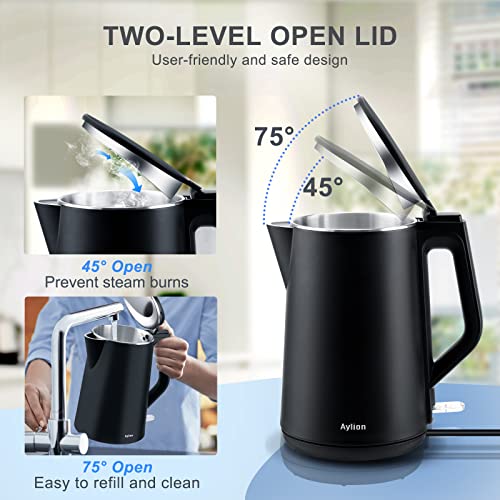 Electric Kettle, 100% Stainless Steel Interior Double Wall Electric Tea Kettle, 1500W Cool Touch Water Boiler, 1.5L, BPA-Free with Auto Shut-Off & Boil-Dry Protection, Cordless Base & LED Indicator