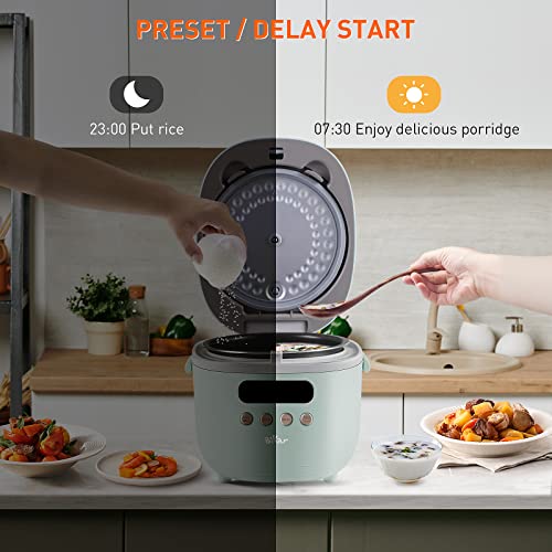 Bear Rice Cooker 8 Cups Cooked, Rice Cooker Small with 6 Cooking Functions, Advanced Fuzzy Logic Micom Technology, 24 Hours Preset Keep Warm, Non-Stick Inner Pot, 2L Green