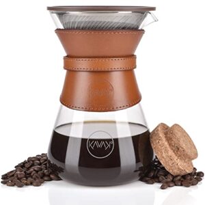 kavako glass pour over coffee maker with double-layer stainless steel filter, coffee dripper, with cork lid, leather collar holder, 37 oz (7-cup) (pour over coffee maker)