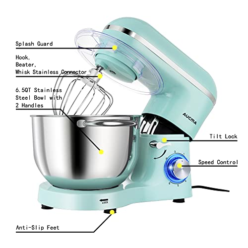 Aucma Stand Mixer,6.5-QT 660W 6-Speed Tilt-Head Food Mixer, Kitchen Electric Mixer with Dough Hook, Wire Whip & Beater (6.5QT, Blue)