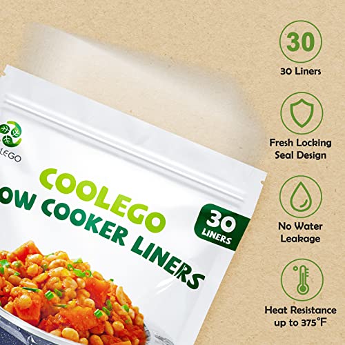 Coolego Slow Cooker Liners(30 Counts), 13"x 21" Crock Pot Liners, Disposable Slow Cooker Bags Large Size with Fresh Locking Seal Design, Fit 3-8 Quart Oval & Round Pot, Slow Cookers, BPA Free