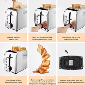 Toaster 2 Slice Best Rated - Stainless Steel Toaster Easy To Use with Removable Crumb Tray Two Slice Toaster with 2 Slice Extra Wide Slots for Bagels, Cancel/ Defrost/ 6 Bread Shade Settings/ Reheat Function