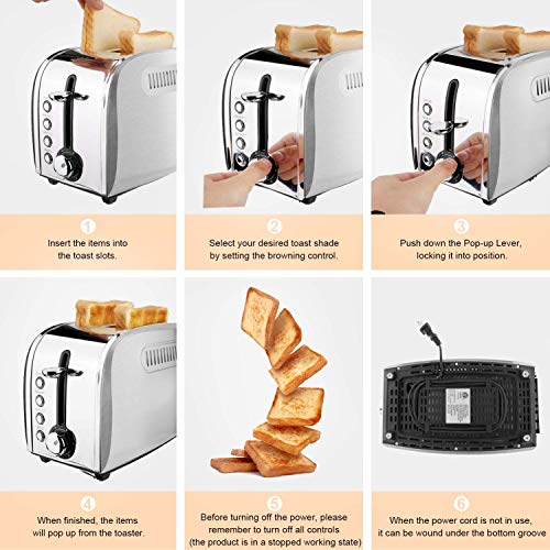 Toaster 2 Slice Best Rated - Stainless Steel Toaster Easy To Use with Removable Crumb Tray Two Slice Toaster with 2 Slice Extra Wide Slots for Bagels, Cancel/ Defrost/ 6 Bread Shade Settings/ Reheat Function