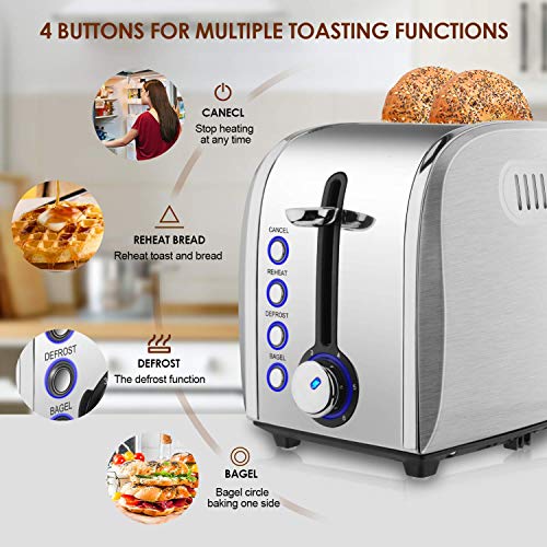 Toaster 2 Slice Best Rated - Stainless Steel Toaster Easy To Use with Removable Crumb Tray Two Slice Toaster with 2 Slice Extra Wide Slots for Bagels, Cancel/ Defrost/ 6 Bread Shade Settings/ Reheat Function