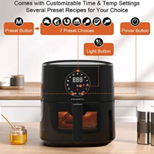 CROWNFUL 5 Quart Air Fryer with Viewing Window, Oilless Cooker, LCD Digital Touch Screen, 7 Cooking Presets and 53 Recipes, Nonstick Basket, Easy to Clean, 1500W ETL Listed (Black)