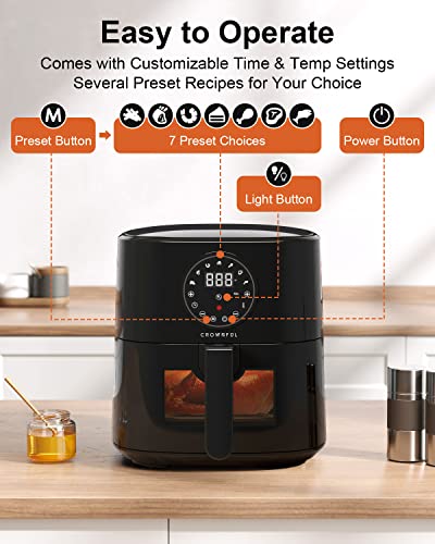 CROWNFUL 5 Quart Air Fryer with Viewing Window, Oilless Cooker, LCD Digital Touch Screen, 7 Cooking Presets and 53 Recipes, Nonstick Basket, Easy to Clean, 1500W ETL Listed (Black)