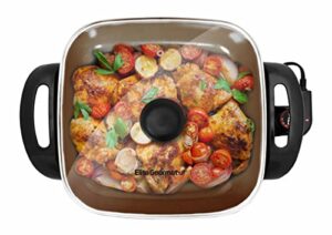 elite gourmet eg3033 12"x12"x2.35” healthy ceramic with titanium coated scratch resistant electric skillet, dishwasher safe, rapid heat up, 1200w, dark grey, 6 quart