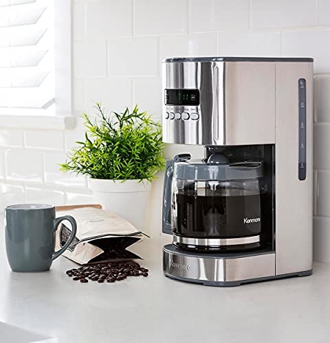 Kenmore Aroma Control 12-Cup Programmable Coffee Maker, Stainless Steel Drip Coffee Machine, Glass Carafe, Reusable Filter, Timer, Digital Display, Charcoal Water Filter, Regular or Bold