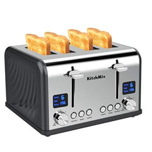 kitchmix toaster 4 slice, bagel stainless toaster with lcd timer, extra wide slots, dual screen, removal crumb tray (gray)