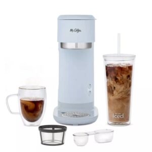 mr. coffee iced hot single-serve coffee maker with reusable tumbler and nylon filter - light gray