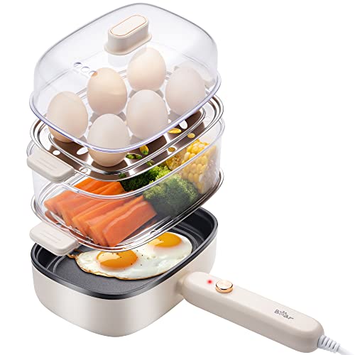 Bear Egg Cooker, Hard Boiled Egg Cooker with 12 Egg Capacity, Stainless Steel Egg Maker, 500W Rapid Egg Cooker for Hard Boiled, Poached, Scrambled Eggs, Omelets, Steamed Vegetables, Dumplings