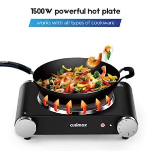 Cusimax Hot Plate Electric Burner Single Burner Cast Iron hot plates for cooking Portable Burner 1500W with Adjustable Temperature Control Stainless Steel Non-Slip Rubber Feet, Upgraded Version