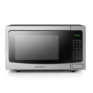 chefman countertop microwave oven 1.1 cu. ft. digital stainless steel microwave 1000 watts with 6 auto menus, 10 power levels, eco mode, memory, mute function, child safety lock, easy clean