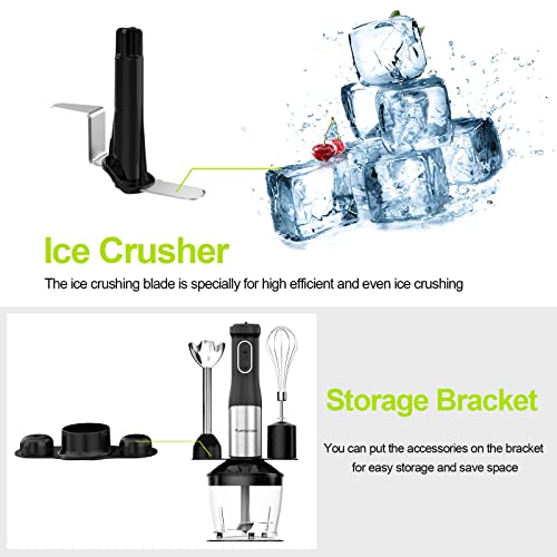 Immersion Blender 7 in 1 Hand Blender Ice Chopper 800W Heavy Duty Motor, 20 Speed and Turbo Mode Handheld Blender Stainless Steel Blade with Ice Crush Blade, Storage Bracket, 500ML Chopper, 600ML Mixing Beaker, Whisk, Milk Frother