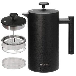 secura french press coffee maker, 304 grade stainless steel insulated coffee press with 2 extra screens, 34oz (1 litre), black