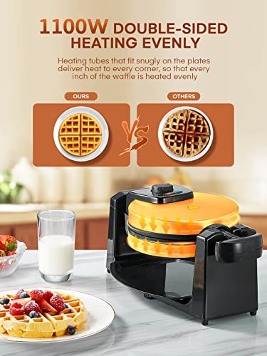 Waffle Maker 1100W, 180° Flip Belgian Waffle Iron with Nonstick Plates, Classic 1" Deep Waffles, Included Recipe, Removable Drip Tray, Browning Control, Stainless Steel