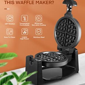 Waffle Maker 1100W, 180° Flip Belgian Waffle Iron with Nonstick Plates, Classic 1" Deep Waffles, Included Recipe, Removable Drip Tray, Browning Control, Stainless Steel