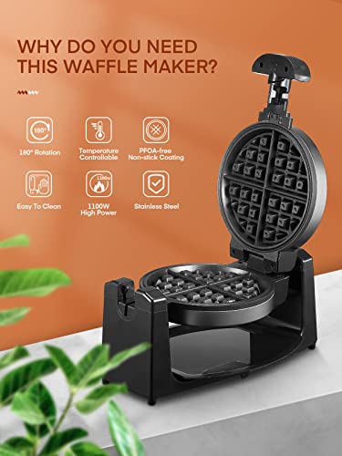 Waffle Maker 1100W, 180° Flip Belgian Waffle Iron with Nonstick Plates, Classic 1" Deep Waffles, Included Recipe, Removable Drip Tray, Browning Control, Stainless Steel