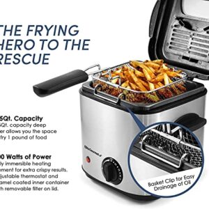 Elite Gourmet EDF1550# Electric 1.5 Qt. / 6 Cup Oil Capacity Deep Fryer, Adjustable Temperature, Removable Basket, Lid with Viewing Window, Stainless Steel