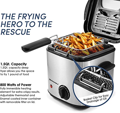 Elite Gourmet EDF1550# Electric 1.5 Qt. / 6 Cup Oil Capacity Deep Fryer, Adjustable Temperature, Removable Basket, Lid with Viewing Window, Stainless Steel