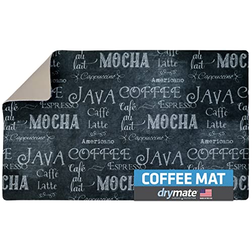 Drymate Coffee Maker Mat, (Coffee Station Bar Accessory) Protects Kitchen Countertops From Spills, Stains & Scratches, Absorbent, Waterproof, Washable (USA Made) (12” x 20”) (Java Chalkboard)