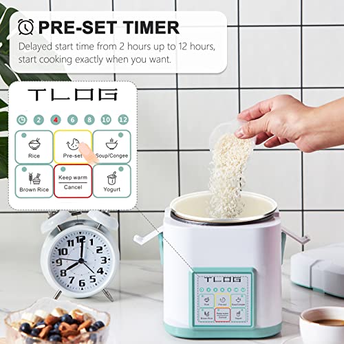 TLOG Mini Rice Cooker 2.5 Cups Uncooked, Healthy Ceramic Coating Portable Rice Cooker, 1.2L Travel Rice Cooker Small for 1-3 People, Personal Rice maker, Food Steamer, 12 Hours delay timer, Multi-cooker for Grains, Oats