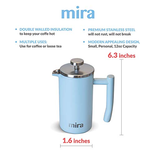 MIRA Coffee Lover Bundle with 12oz Insulated French Press (Pearl Blue) and 12oz Insulated Travel Mug (Pearl Blue)