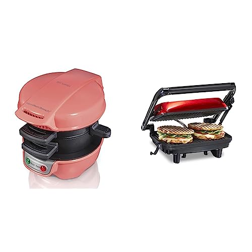 Hamilton Beach Breakfast Sandwich Maker, Coral & Electric Panini Press Grill with Locking Lid, Opens 180 Degrees for Any Sandwich Thickness, Nonstick 8" X 10" Grids, Red