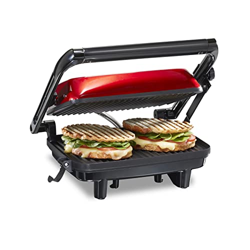 Hamilton Beach Breakfast Sandwich Maker, Coral & Electric Panini Press Grill with Locking Lid, Opens 180 Degrees for Any Sandwich Thickness, Nonstick 8" X 10" Grids, Red