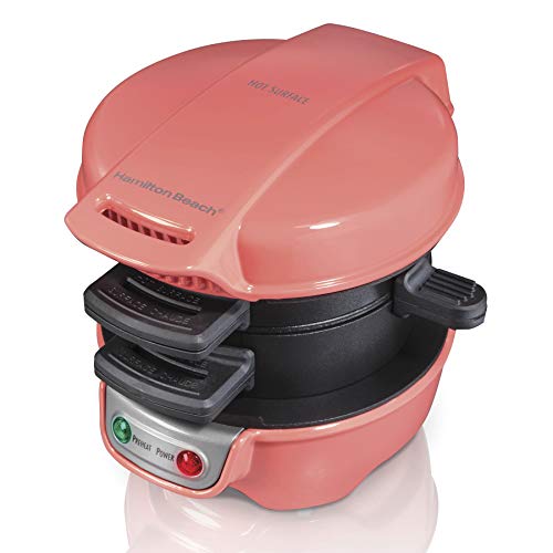 Hamilton Beach Breakfast Sandwich Maker, Coral & Electric Panini Press Grill with Locking Lid, Opens 180 Degrees for Any Sandwich Thickness, Nonstick 8" X 10" Grids, Red