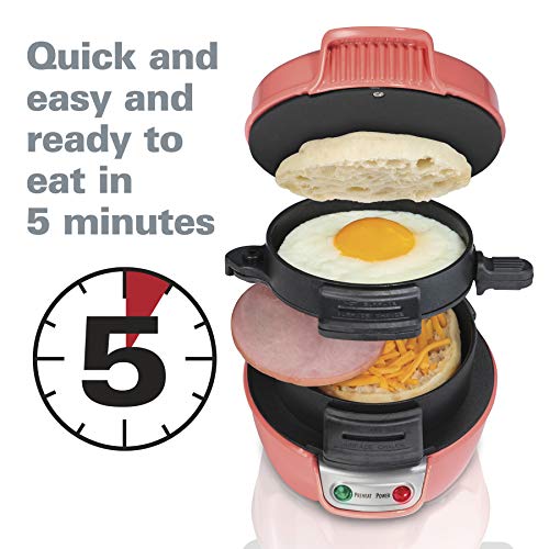 Hamilton Beach Breakfast Sandwich Maker, Coral & Electric Panini Press Grill with Locking Lid, Opens 180 Degrees for Any Sandwich Thickness, Nonstick 8" X 10" Grids, Red