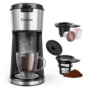 tastyle single serve coffee maker for k cup & ground coffee, regular and bold brew options, small coffee machine single cup with descaling reminder, fits travel mug, 6 to 14 oz brew size, black