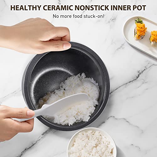 Bear Rice Cooker 6 Cups Cooked, 3D Heating and Fuzzy Logic, Healthy Ceramic Nonstick Small Rice Cooker, PFAS-Free, Touch-Screen, for White/Brown Rice Quinoa Oatmeal Soup, 1.6L White