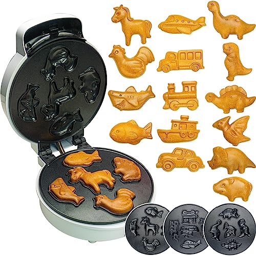 15 Mini Waffle Maker with Detachable Sets - Pancake Maker for Kids - Set Includes 5 Cars, 5 Animals, and 5 Dinosaurs - Non-stick Easy to Clean