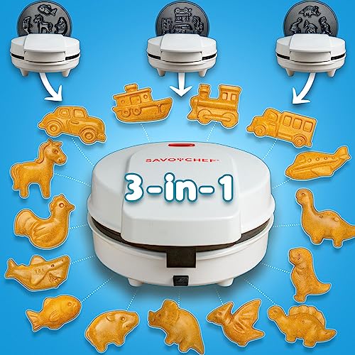 15 Mini Waffle Maker with Detachable Sets - Pancake Maker for Kids - Set Includes 5 Cars, 5 Animals, and 5 Dinosaurs - Non-stick Easy to Clean