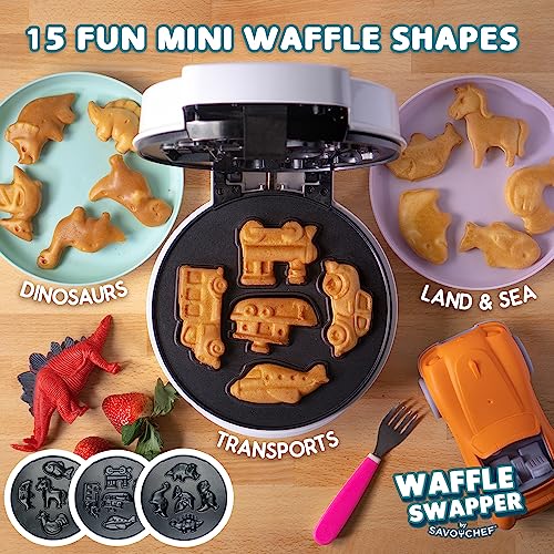 15 Mini Waffle Maker with Detachable Sets - Pancake Maker for Kids - Set Includes 5 Cars, 5 Animals, and 5 Dinosaurs - Non-stick Easy to Clean