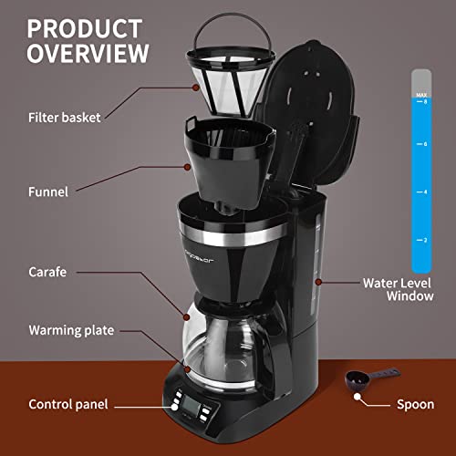 Aigostar Programmable Coffee Maker, 8 Cup Coffee Maker with Glass Carafe, Auto Pause Electric Coffee Maker, Auto Keep Warm Drip Coffee Maker with Permanent Filter, Black