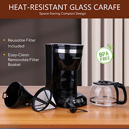 Aigostar Programmable Coffee Maker, 8 Cup Coffee Maker with Glass Carafe, Auto Pause Electric Coffee Maker, Auto Keep Warm Drip Coffee Maker with Permanent Filter, Black