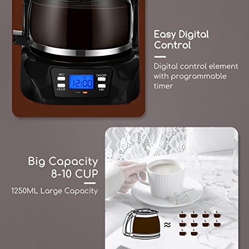 Aigostar Programmable Coffee Maker, 8 Cup Coffee Maker with Glass Carafe, Auto Pause Electric Coffee Maker, Auto Keep Warm Drip Coffee Maker with Permanent Filter, Black