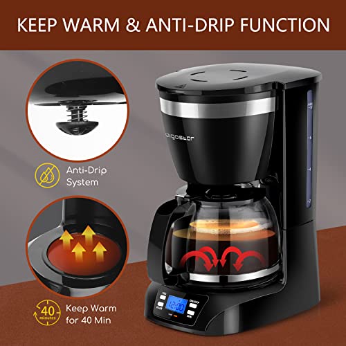 Aigostar Programmable Coffee Maker, 8 Cup Coffee Maker with Glass Carafe, Auto Pause Electric Coffee Maker, Auto Keep Warm Drip Coffee Maker with Permanent Filter, Black