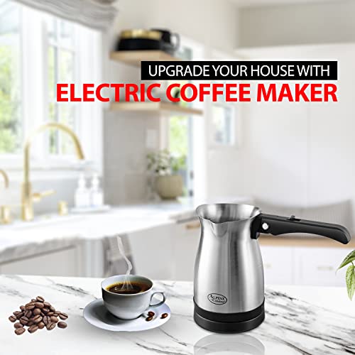 Arabic, Greek, & Turkish Electric Coffee Maker Machine Pot Warmer Kettle Premium Quality Stainless Steel 0.3 L, 4 Cup Capacity Cool Touch Handle Cordless Base (Foldable Handle, Travel Size)