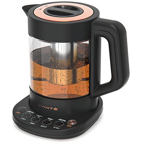 Hot Tea Maker Electric Glass Kettle with tea infuser and temperature control. Automatic Shut off. Brewing Programs for your favorite teas and Coffee.