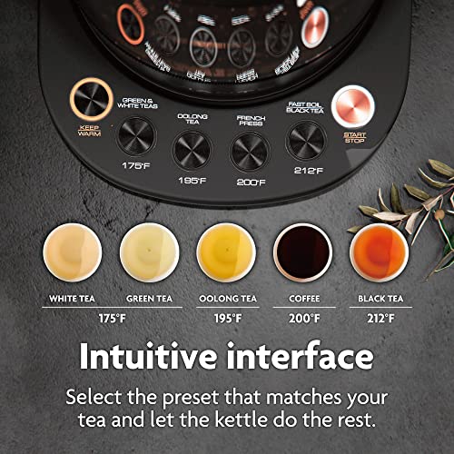 Hot Tea Maker Electric Glass Kettle with tea infuser and temperature control. Automatic Shut off. Brewing Programs for your favorite teas and Coffee.